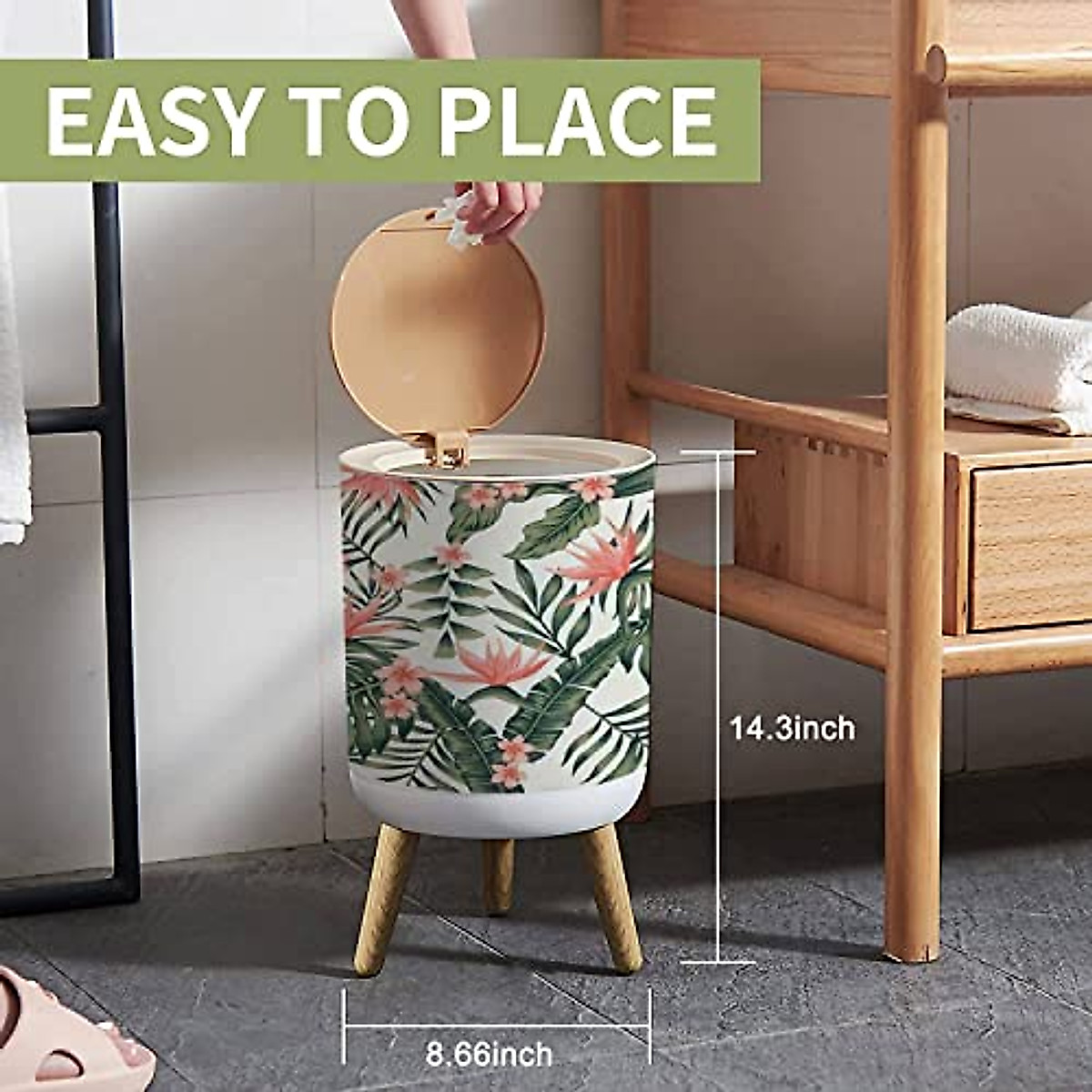 Small Trash Can with Lid for Bathroom Kitchen Office Diaper Beach cheerful seamless tropical dark green leaves palm trees flowers Bedroom Garbage Trash Bin Dog Proof Waste Basket Cute Decorative