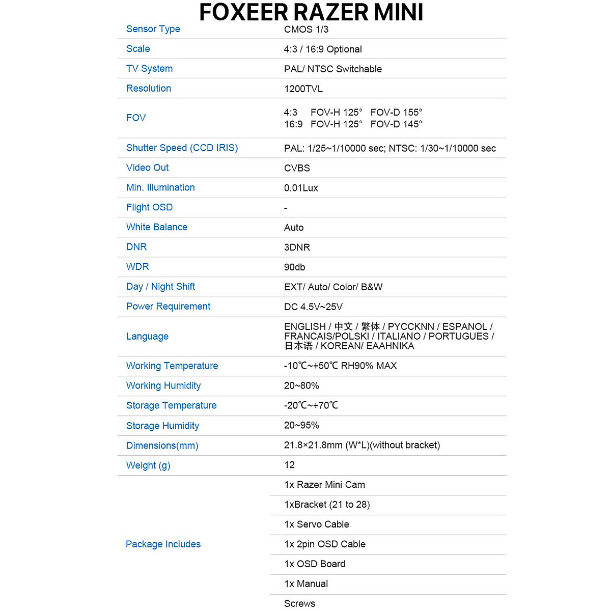FPV Camera Foxeer Razer Mini Cam 1200TVL 2.1mm Lens 4:3 FOV 125 Degree PAL NTSC Switchable for Racing Drone Black