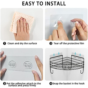 Corner Shower Shelves with 4 Hooks, 2-Tier Stainless Steel Bathroom Shower Organizers, Wall Mounted Caddy Shelves No Drilling with Adhesive, Triangle Storage Shelf for Toilet, Dorm and Kitchen, Black