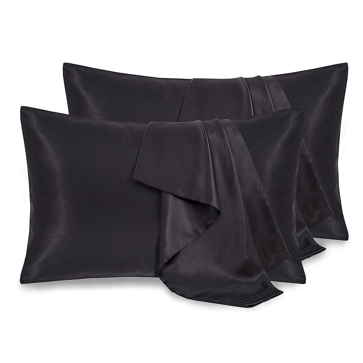 Pothuiny 4 Pack Satin Pillowcase for Hair and Skin Queen, Black Silk Pillowcase Set of 4, Smooth Silky Pillow Covers for Women, with Envelope Closure (20x40 Inches)
