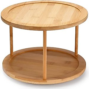 Bamboo Turntable Lazy Susan Rotating Spice Rack - 2 Tier Rotating Spice Rack, Lazy Susan Rotating for Kitchen, Spice Carousel for Cabinets and Pantry - Wooden 2 Tier Lazy Susan Rotating Turntable