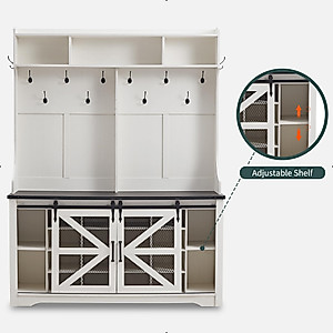 JXQTLINGMU Farmhouse Entryway Bench with Coat Rack, 20 Shoe Cubbies & 12 Coat Hooks, 59" Wide Hall Tree with Shoe Storage Bench, Sliding Barn Doors, Mudroom Storage Cabinet, Off White