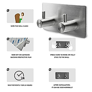 SANATO Wall Hooks Self Adhesive for Hanging, Wall Hanger 2 Hooks Coat Hooks Heavy Duty and Waterproof(Brushed Nickel, 4 Pack)