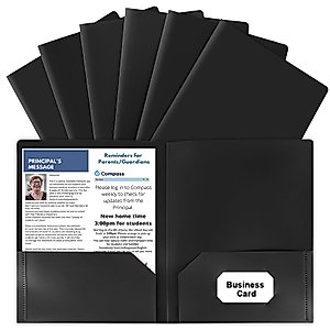 HABGP 6 Pack Black File Folders with Pockets and Business Card Slot, Letter Size Plastic 2 Pocket Folders for Documents, Office Filing Cabinet Folders, School Supplies for College Students