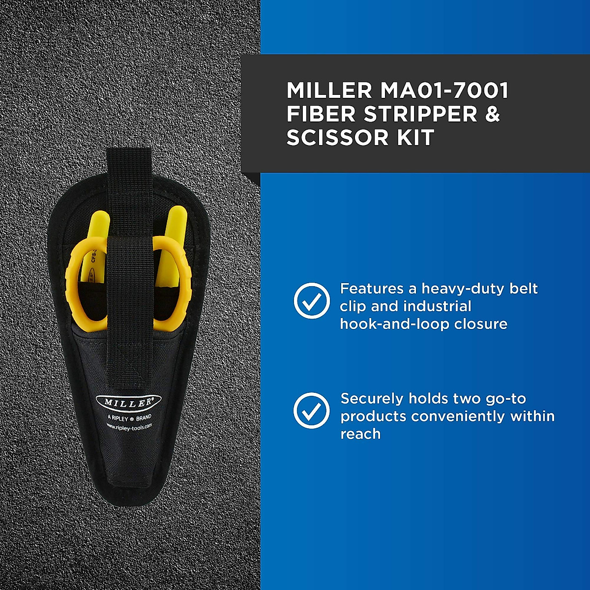 Miller MA01-7001 Kit, CFS-3 3-Hole Fiber Optic Cable Stripping Tool and KS-1 Kevlar Scissors, Easily Portable Tool Set with Belt Clip Pouch for Professional Electricians, Technicians, and Installers
