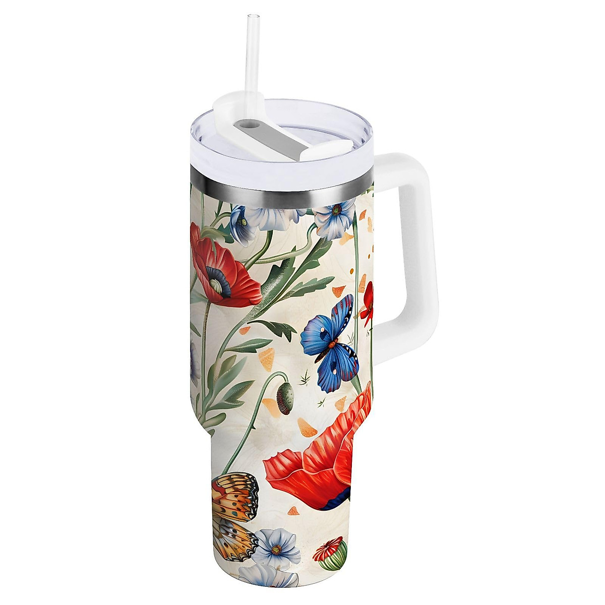 FENOCHE Red Poppy Flowers Butterfly 30 oz Tumbler Insulated Cups Stainless Steel Water Bottle with Handle Lid and Straw Tumblers for Car Cup Holder