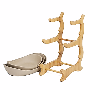 OCASAMI 3 Tier Fruit Bowl for Kitchen Counter, Brown Ceramic Fruit Basket for Kitchen, Oval Fruit Bowl Set with Bamboo Wood Holder, Serving Bowls Fruit Tray Snacks Nuts Bread Candy Storage