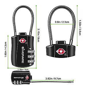 GIVERARE 2 PCS TSA Approved Luggage Locks, Combination Travel Cable Lock, Re-settable 3-Digit Padlocks with Alloy Body, Keyless Travel Sentry Accepted Padlock for Gym Locker, Golf Bag Case-Black