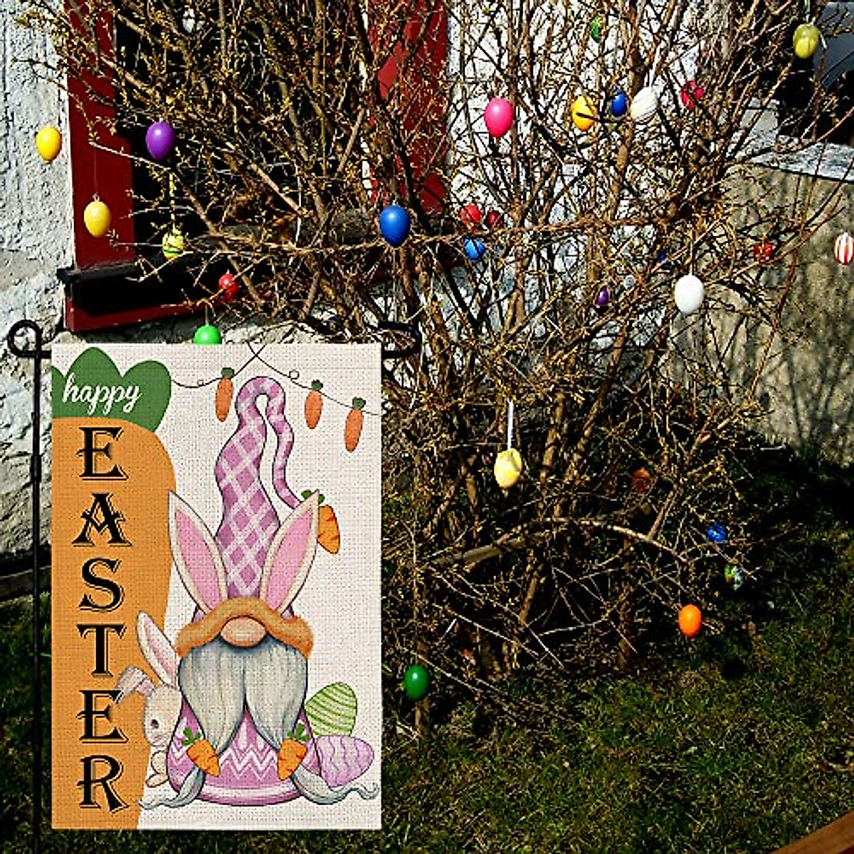 CROWNED BEAUTY Happy Easter Garden Flag Pink Gnome 12×18 Inch Double Sided Carrots Eggs Outside Vertical Holiday Yard Decor