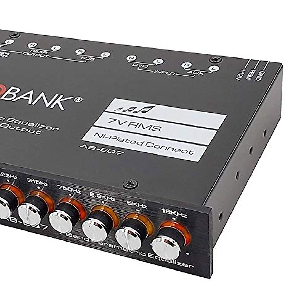 Audiobank EQ7 1/2 Din 7 Band Car Audio Equalizer EQ w/Front, Rear/Frequency Adjustable /3 RCA Input for Portable Devices + Subwoofer Output Built-in 43-120Hz, 60-200Hz