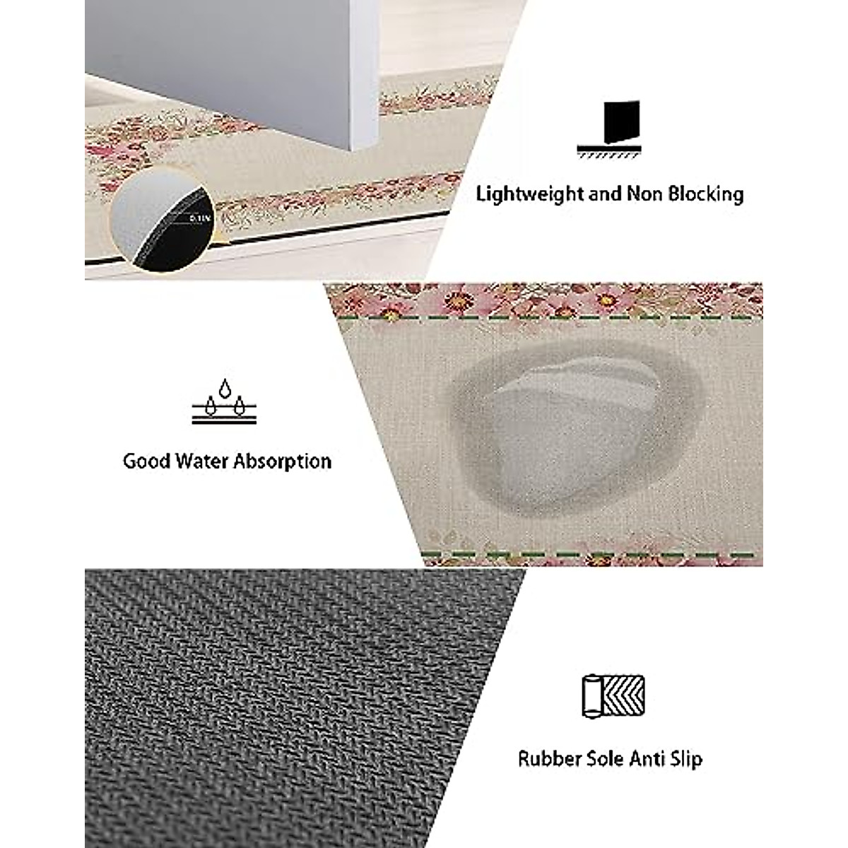 Spring Summer Bath Mat for Tub,Non Slip Bathroom Floor Runner Rug Quick Dry & Absorbent Diatomaceous Earth Shower Sink Kitchen Living Room Washable Doormat,Flower Florals Herb Plant Leaves 20"x32"