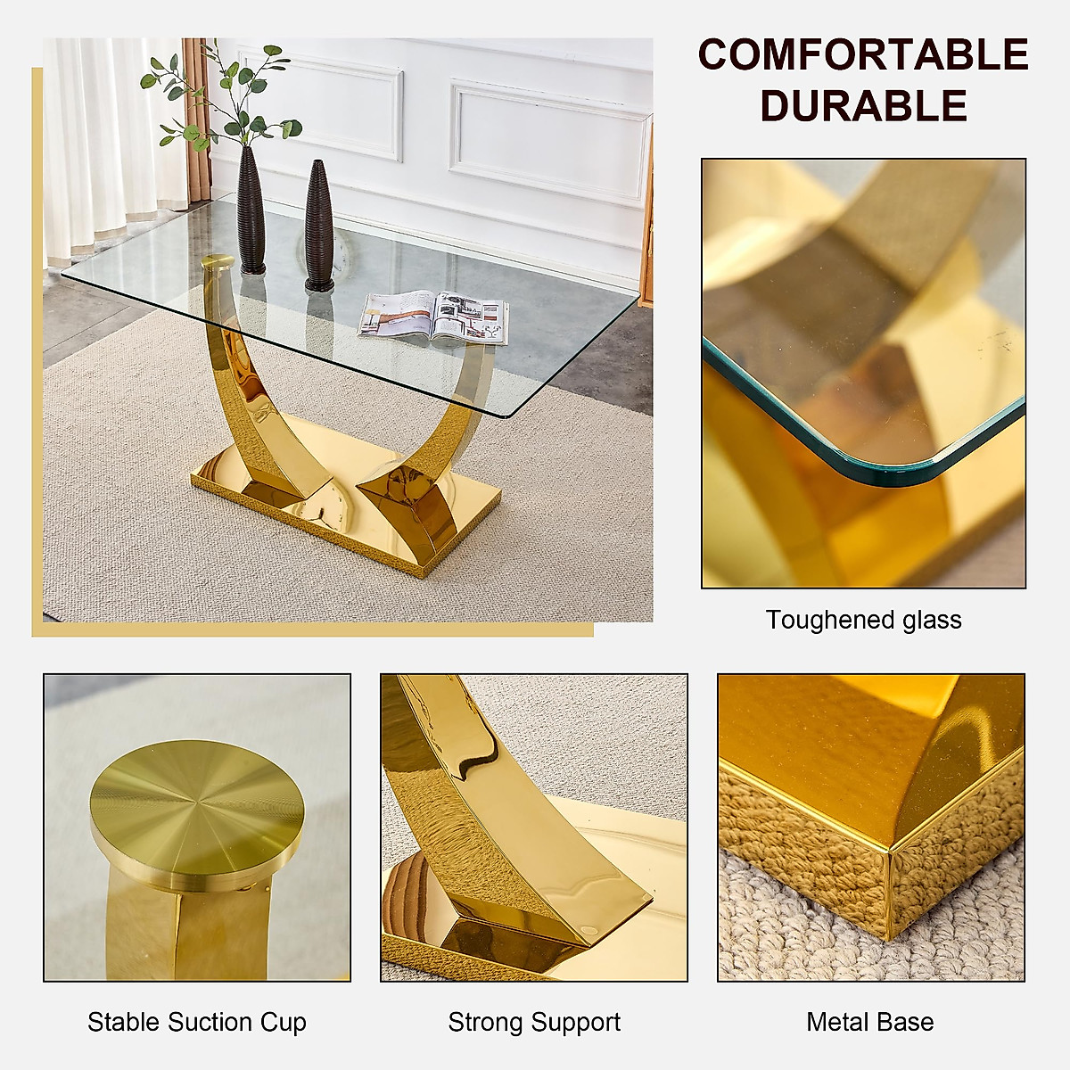 63" Golden Base Glass Dining Table Set for 4, Kitchen Table and Chairs Set with Tempered Glass Table and 4 Pcs PU Faux Leather Chairs, Large Rectangular Dining Room Table Set for Kitchen Dining Room