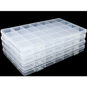 JESEP YONG 4Packs 28 Grids Bead Organizer Plastic Organizer Box with Fixed Dividers-Jewelry, Accessories, and Small Parts Container Clear Box for Jewerly Beads, Sewing, Drawing