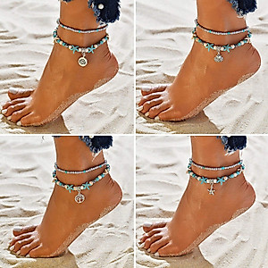 Suyi Sea Turtle Ankle Bracelet Set Multilayer Beach Anklets Handmade Boho Anklets for Women 5pcs