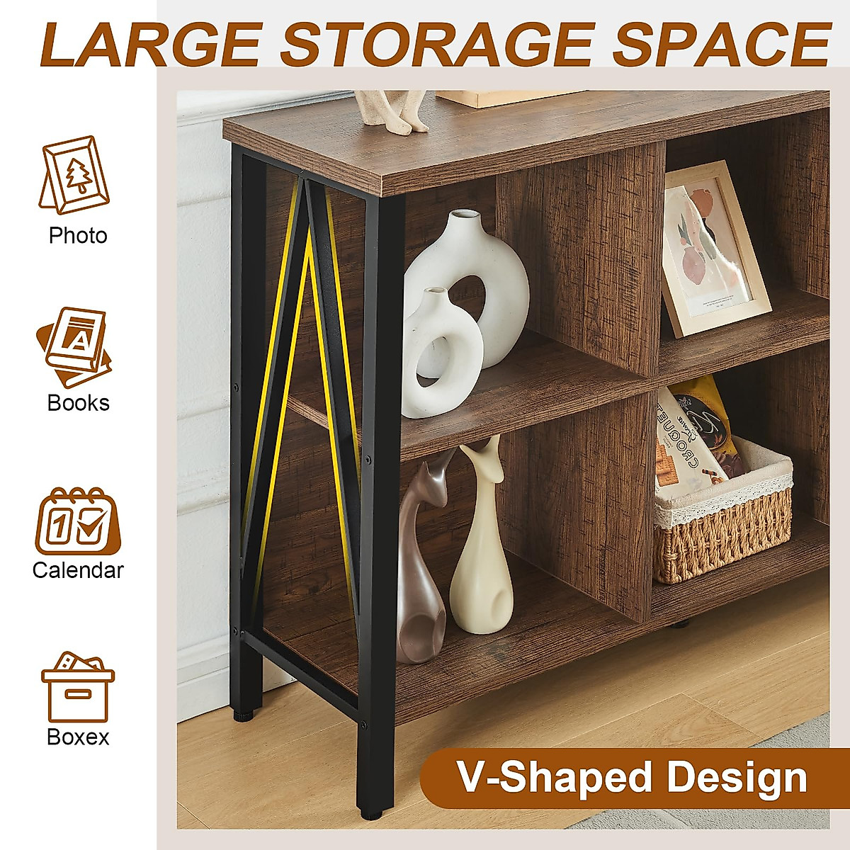 HOMISSUE 6 Cube Storage Organizer Shelf, Rustic Short Wide Bookshelf with Cube Storage, Industrial Low Cube Bookshelf with 3 Tier Shelf, Horizontal Bookcase for Living Room, Office, Brown