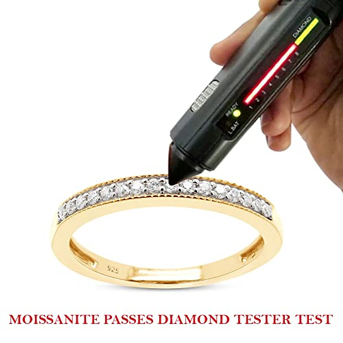 SAVEARTH DIAMONDS 1/8 ct. t.w Round Cut Lab Created Moissanite Diamond Half Eternity Milgrain Wedding Band Ring In 14k Yellow Gold Over Sterling Silver (VVS1 Clarity, 0.12 Cttw)-7.5