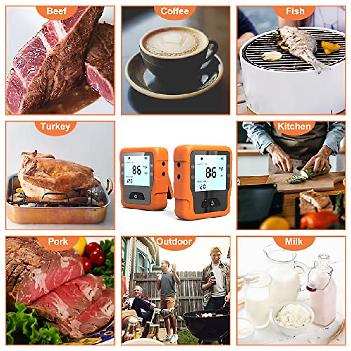 Wireless Meat Thermometer with Probe - BESTCROF Bluetooth Food Thermometer for Grilling and Smoking, Grill Thermometer with Dual Probes, Smart BBQ Thermometer for Cooking Turkey Fish Beef