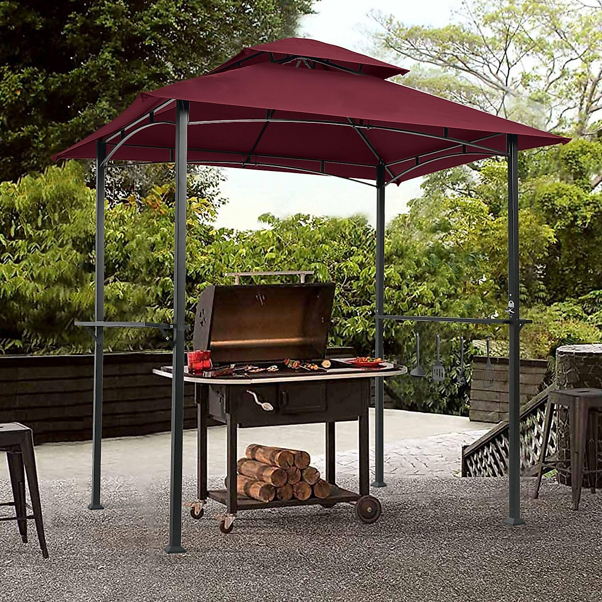 8 x 5 Outdoor Grill Gazebo, Double Tier Grill Canopy with Shelves and Hook, UV Resistant and Waterproof Fabric Grill Awning for Barbecue and Picnic, Burgundy