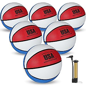 Junkin 6 Pcs Rubber Basketballs Bulk with Pump Official Indoor Outdoor Basketball Balls Weighted Training Basketball for Game Practice Kids Youth Teens Adults Back to School(Size 7)