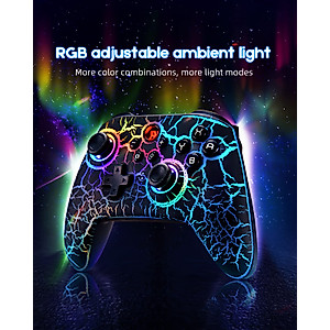 BINBOKPLAY Switch Controller, Wireless Switch Pro Controller for Switch/Switch Lite/Switch OLED, RGB Adjustable LED Wireless Remote Gamepad with Unique Crack/Motion control/Turbo/ALPS Joystick (Black)