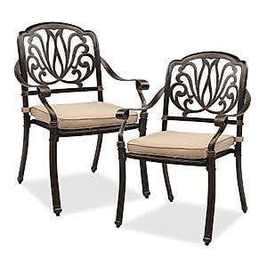 VINGLI Outdoor Dining Chairs Set of 2 Aluminum Patio Chairs, Cast Aluminum Patio Furniture Aluminum Outdoor Chairs for Backyard, Poolside, Balcony Bronze (with Cushion)
