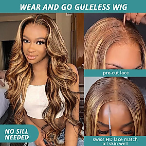 Allove Glueless Wigs Human Hair Pre Plucked Pre Cut 24 Inch 5x5 HD Lace Closure Wigs Human Hair 180% Density Body Wave Lace Front Wigs Human Hair 4/27 Ombre Highlight Honey Blonde Wig Human Hair