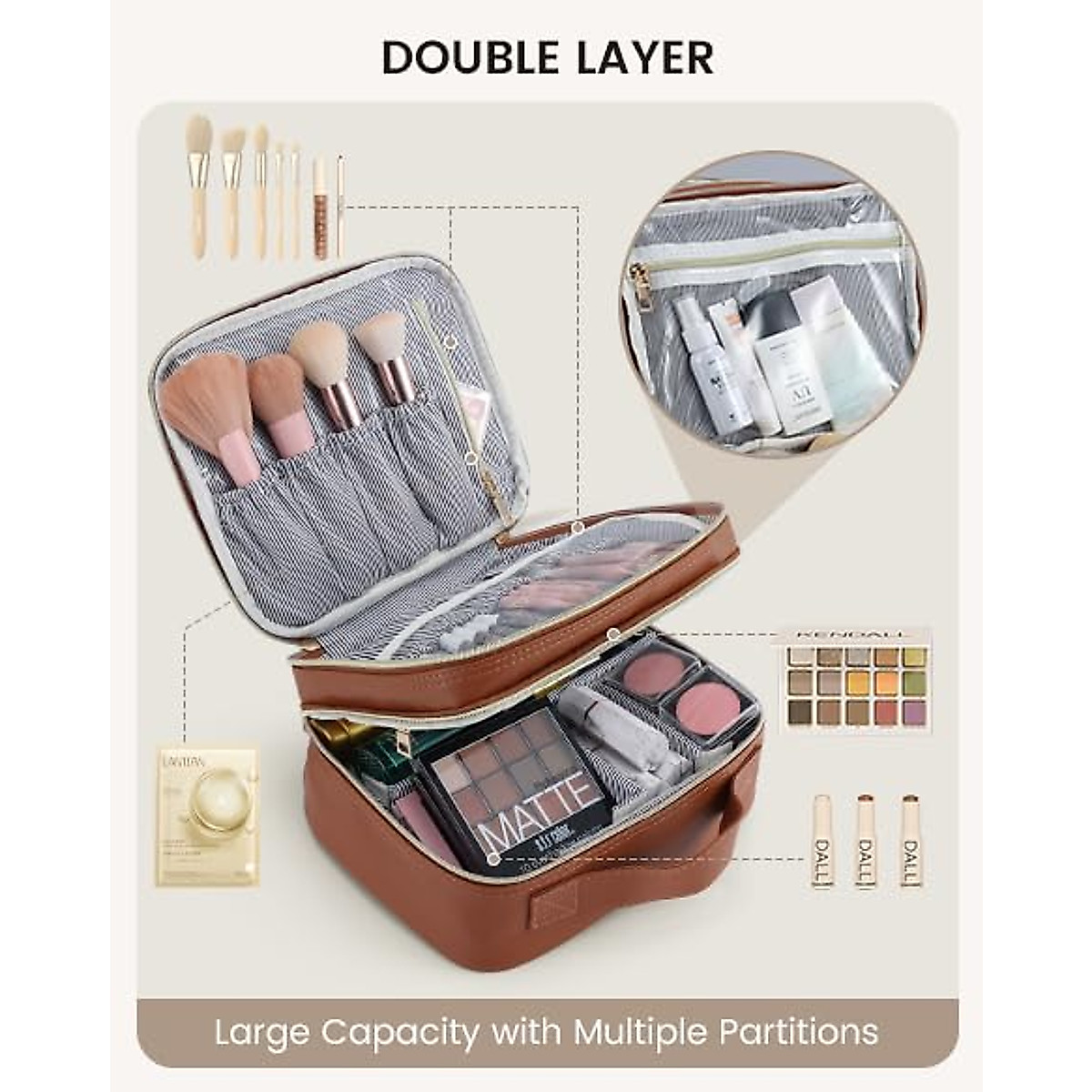 Stagiant Large Makeup Bag, Double Layer Makeup Case with Dividers Makeup Organizer Bag Cosmetic Train Case for Travel Makeup Brushes Palettes Sponge Toiletries, Vintage Brown