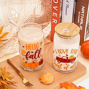 Whaline Hello Fall Drinking Glasses 16oz Fall Harvest Glass Cup Pumpkin Car Iced Coffee Cup with Bamboo Lid Glass Straw Cleaning Brush Gift for Autumn Thanksgiving Cocktail Whiskey Beer Soda, 2Pcs