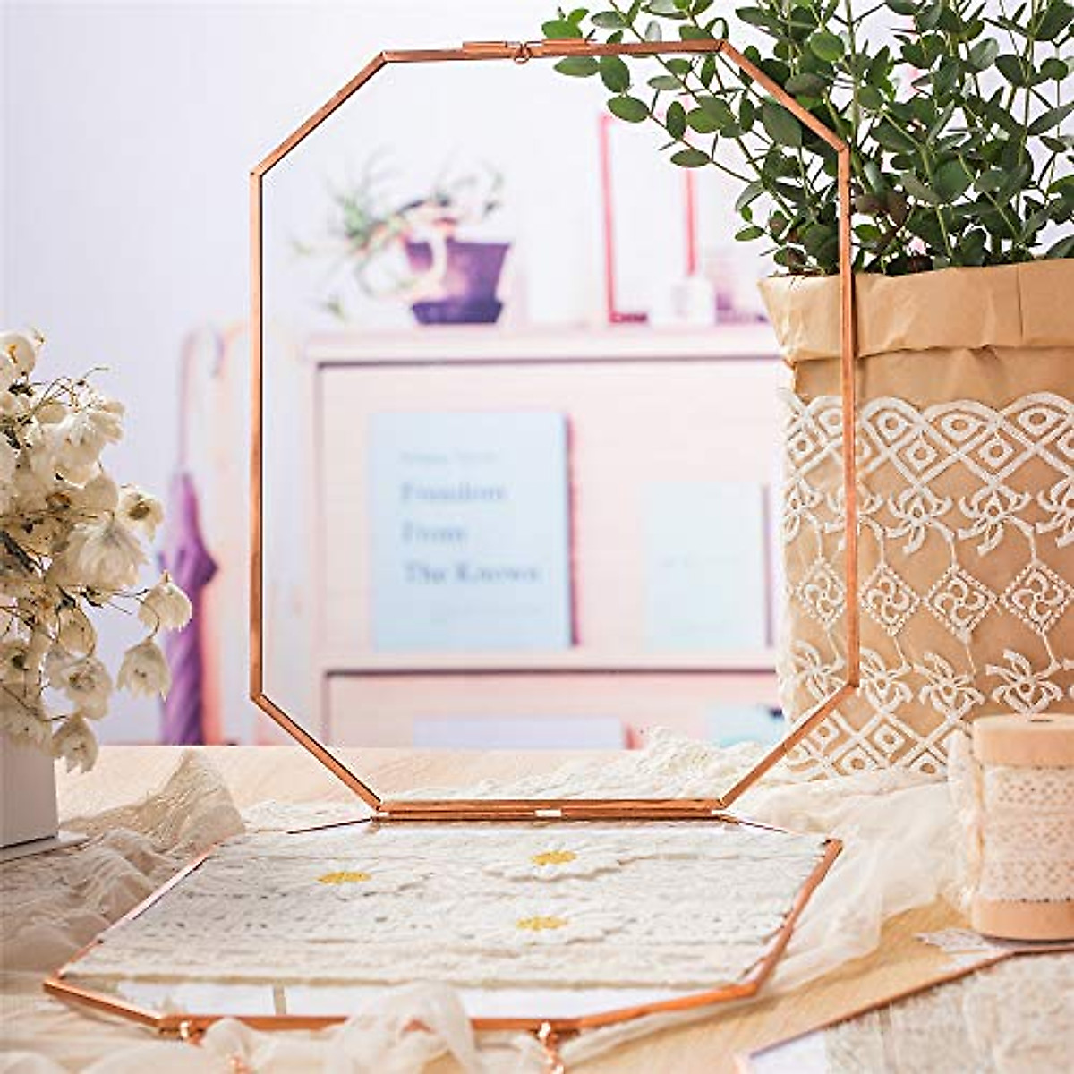 NCYP Wall Hanging 8X10 inches Long Octagon Herbarium Rose Gold Copper Glass Frame for Pressed Flowers, Dried Flowers, Poster, Double Glass, Floating Frame Style, Glass Frame Only