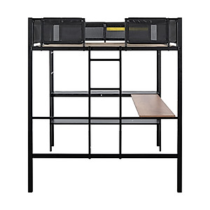 NCKMYB Metal Loft Bed with Desk and Shelves, Full Size Loft Bed with 2 Ladders and 2 Tier Shelves, for Teen Adult or Dorm, Black