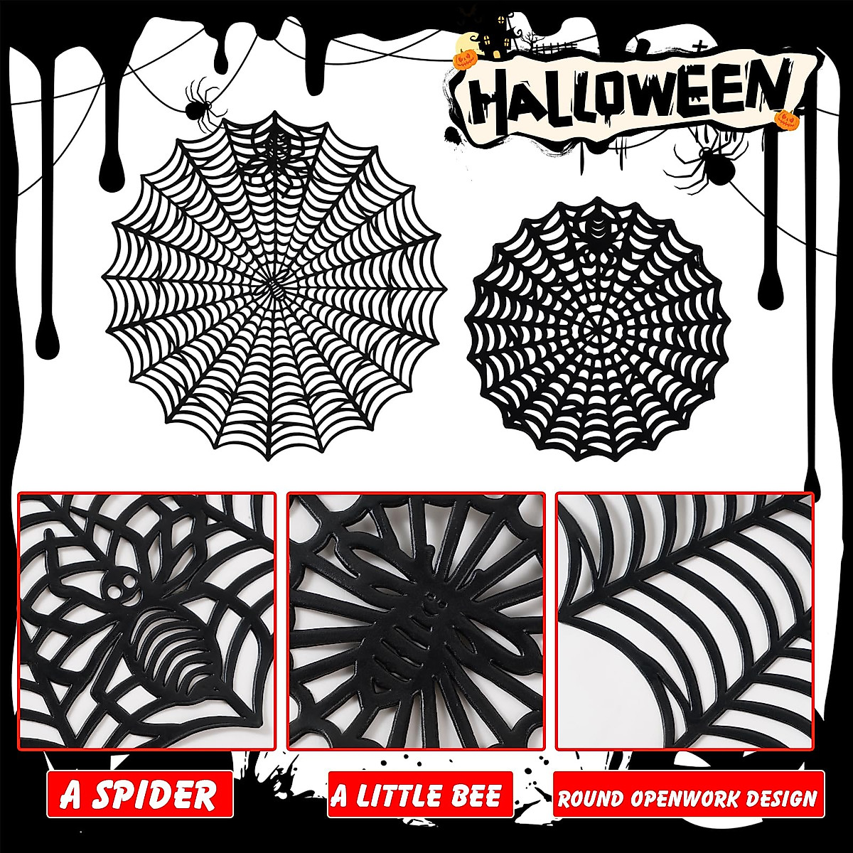 12 Pcs Halloween Spider Web Placemats and Coasters,15 Inch Heat Insulation Halloween Placemats,4 Inch Halloween Spider Web Coasters for Halloween Family Party Decoration Supplies (Black-12PCS)