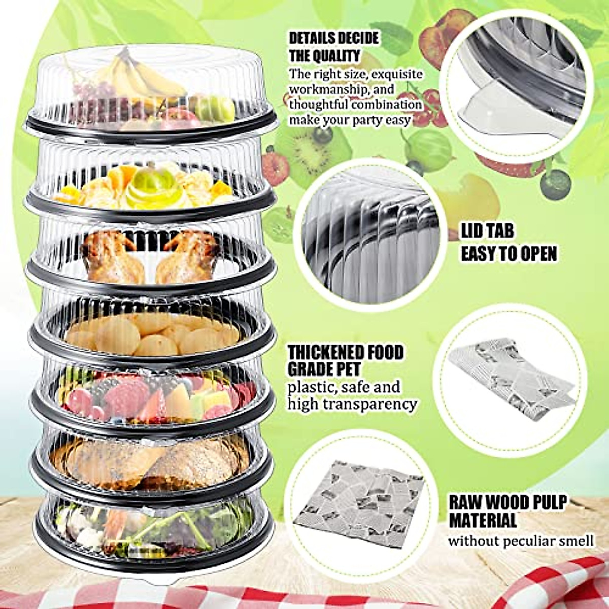 Tessco 24 Pcs 12 Inch Catering Trays with Clear Lids and 48 Pcs Deli Wax Paper Sheets, Serving Trays Disposable Black Plastic Round Platters for Party Food Sandwich Veggie Cookie Trays, Heavy Duty