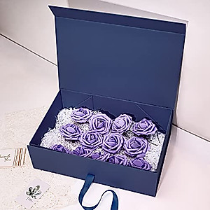 WRAPAHOLIC 2Pcs Navy Gift Box with Satin Ribbon, 14x9x4.5 Inches Collapsible Gift Box with Magnetic Closure for Party, Wedding, Gift Wrap, Bridesmaid Proposal, Storage