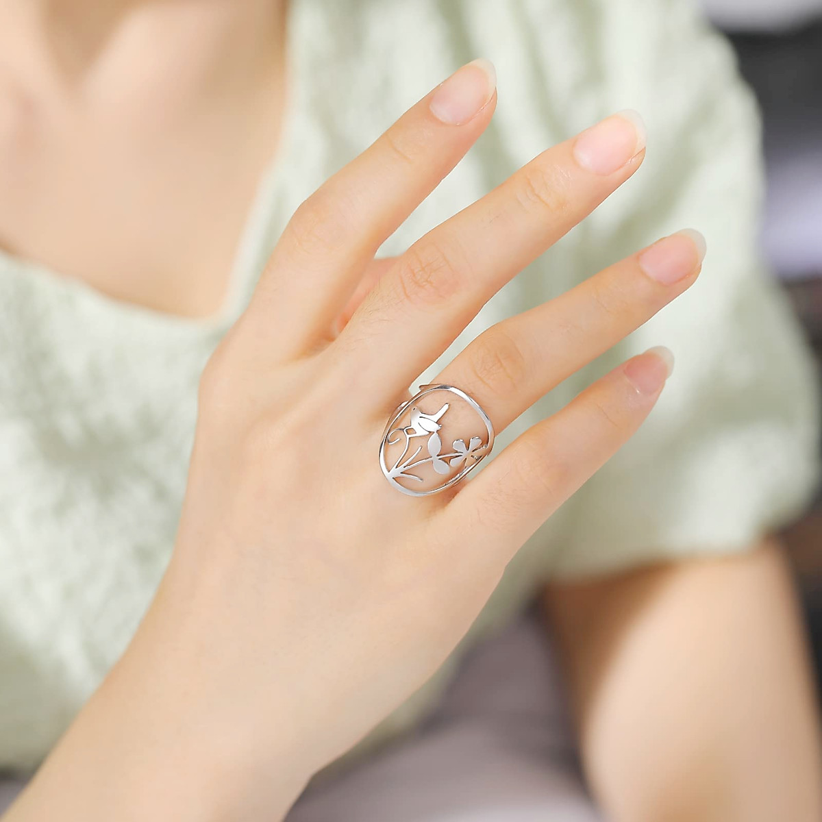 kkjoy Flower and Bird Ring Stainless Steel Adjustable Open Finger Rings Christmas Gift for Women