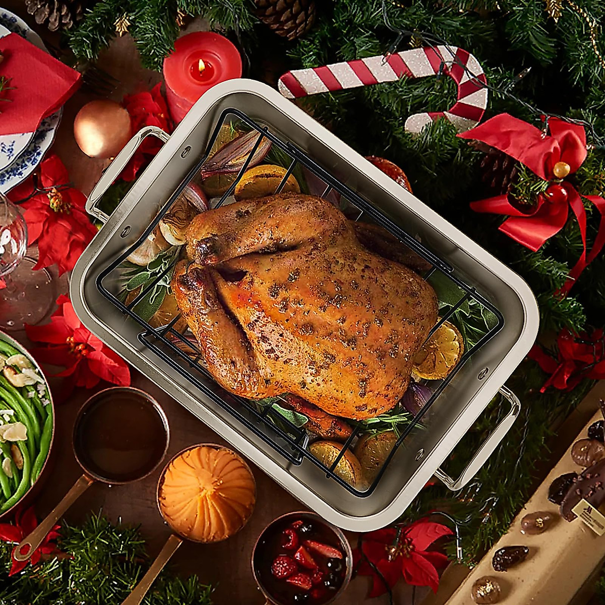 Hillbond Stainless Steel Roasting Pan with Rack 16 Inch Turkey Roaster Pan with U-Shaped Rack Flat Rack Turkey Lifting Forks for Turkey, Chicken, Vegetables Set of 5