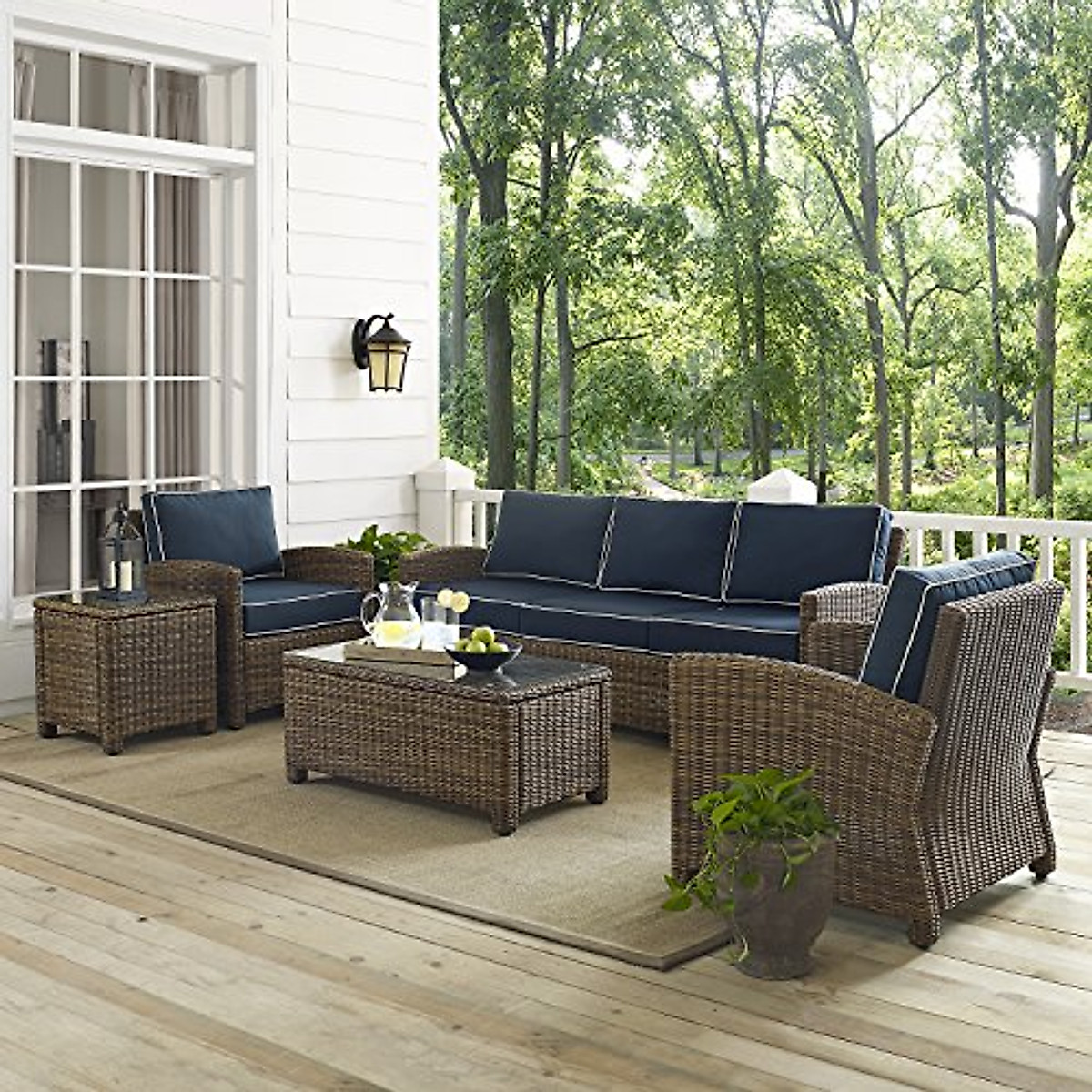 Crosley Furniture Bradenton 5-Piece Outdoor Sofa Patio Furniture Set, Wicker Conversation Sets for Porch, Brown with Navy Cushions