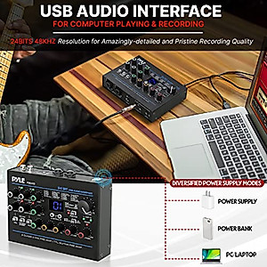 Pyle Professional USB Audio Interface with MIC/LINE, Guitar, AUX Stereo and RCA Inputs, Phone/Stereo/Monitor Outputs, Ideal for Computer Playing & Recording, Preset 24 Digital Effects - PMUX9