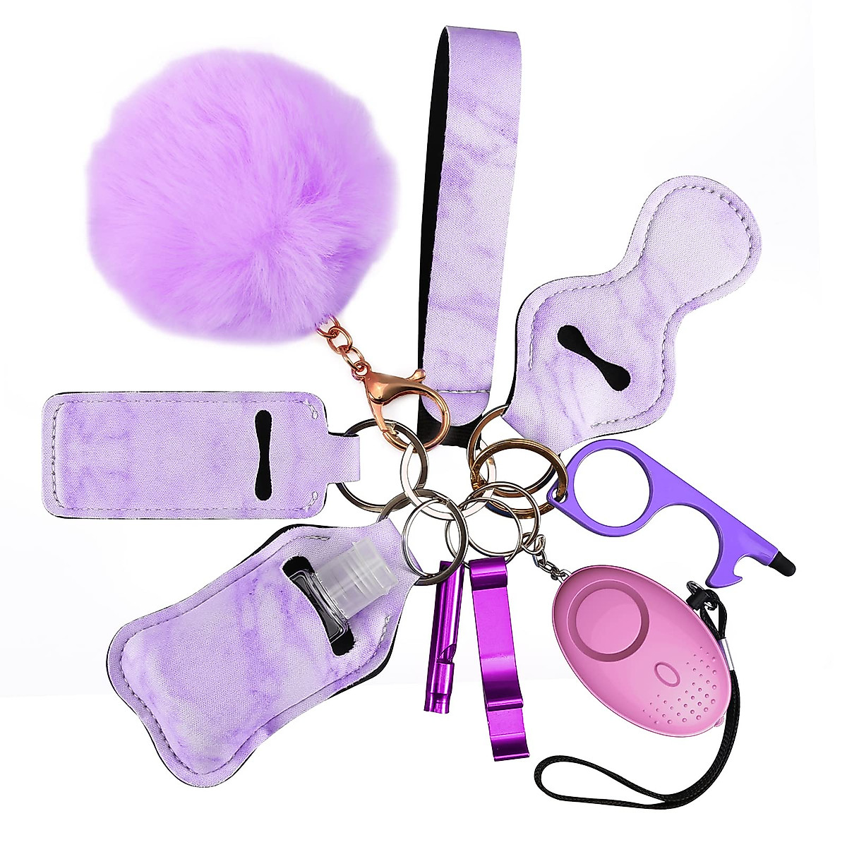 AMIR Safety Keychain Set for Women and Kids, 10 Pcs Safety Keychain Accessories, Keychain Set for Girls with Safe Sound Personal Alarm, No Touch Door Opener, Whistle and Pom, Purple