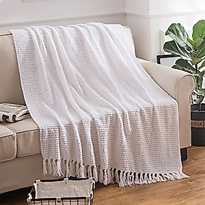 Melody House Super Soft Woven Plaid Pattern Throw, Decorative Throw Blanket with Tassels, 50x60, Bright White