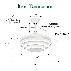 42 Inch Retractable Ceiling Fan, Modern Ceiling Fans with Lights Remote, Silent DC Motor 6 Speeds 3 Color Light, Retractable Blade Ceiling Fan White
