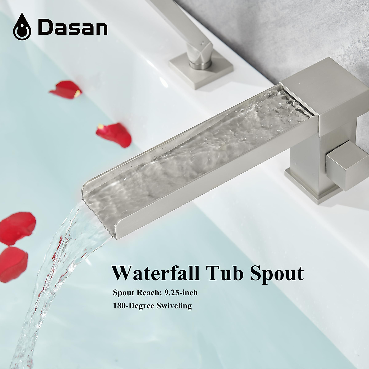 DASAN Roman Bathtub Faucet Set with Handheld Shower Sprayer 3-Hole Deck Mount Square Tub Filler Faucet Set, Brushed Nickel Waterfall Roman Tub Faucet with Valve Included, DA-TF09SWH-BN