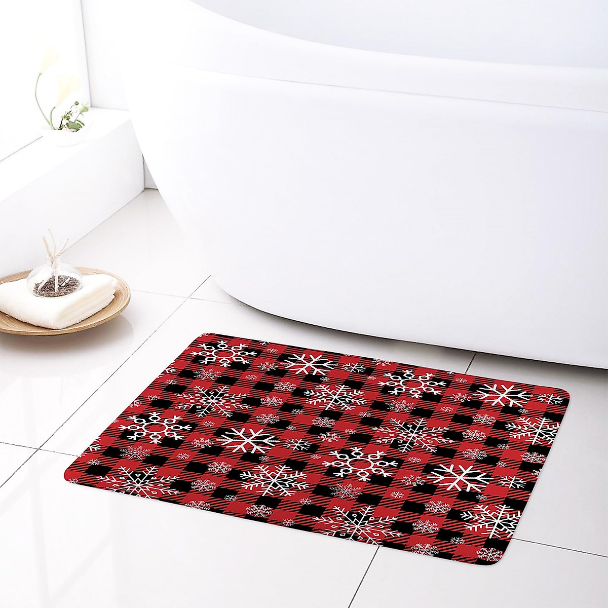 LB Winter Snowflake Bath Mat Christmas Red and Black Plaid Area Rug for Bathroom White Snow Doormat Non Slip Memory Foam Super Absorbent Floor Mats,24Wx16H Inch