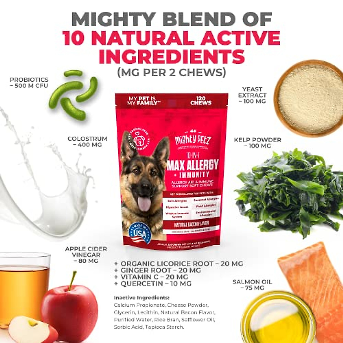 Mighty Petz MAX Dog Allergy Relief Chews - Itch Free Skin - Immune Supplement with Omega 3 Fish Oil + Probiotics + Colostrum. Skin & Coat Health + Digestion.120 Dog Allergy Chews for Pets