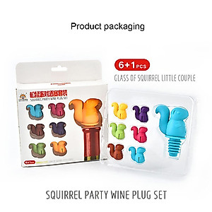 6+1PCS Squirrel Shapes Wine Stopper Set, Silicone Wine Bottle Stopper, Reusable Fun Animal Bottle Stopper, Gift Box Package Bottle Stoppers Set