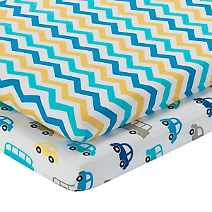 EVERYDAY KIDS 2 Pack Baby Cradle Sheets - Fitted Set for Baby Boy; 100% Cotton Jersey Knit, Breathable and Soft Cradle Mattress Pad Cover; Blue, Yellow, Gray Cars and Buses Sheet and Chevron Art Sheet