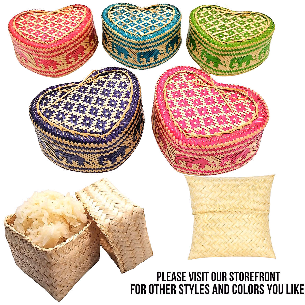 Bamboo Sticky Rice Serving Basket 6 x 3.7 Inch, Kratip, Intricately Woven Container, Oval-Shaped Pattern, Thailand Handmade, Dyed with Natural Based Black Charcoal (Mini Heart) (Double Square)