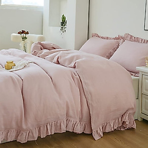 Simple&Opulence 100% Linen Frill Farmhouse Duvet Cover Set,King Size(104''x92''),3 Piece Belgian Flax Bedding(1 Comforter Cover+2 Pillowshams)with Ruffled Edges,Natural Soft and Breathable,Blush Pink