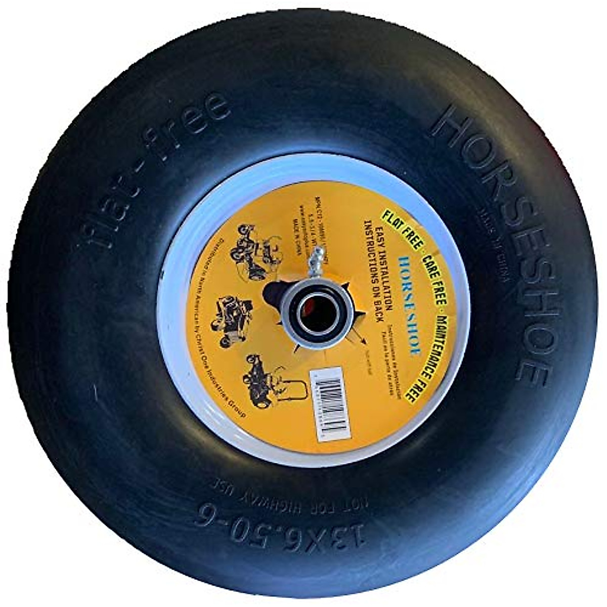 HORSESHOE New 13x6.50-6 Flat Free Smooth Tire w/Steel Wheel for Residential Riding Lawn Mower (Deck Less Than 44") Garden Tractor - Center hub 4"-7.1" - Bore ID 5/8" 136506 (1)