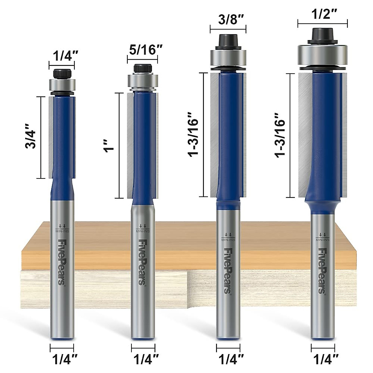 FivePears 4Pcs Flush Trim Router Bits Set 1/4 Inch Shank, Bottom Bearing Flush Cut Trim Router Bit for Woodworking, 1/4", 5/16", 3/8", 1/2" Diameter