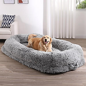 YITAHOME Human Dog Bed, 79"x43" Extra Large Memory Foam Dog Beds for Adults and Pets with Blanket and Pillow, Washable Fur Cover, Grey